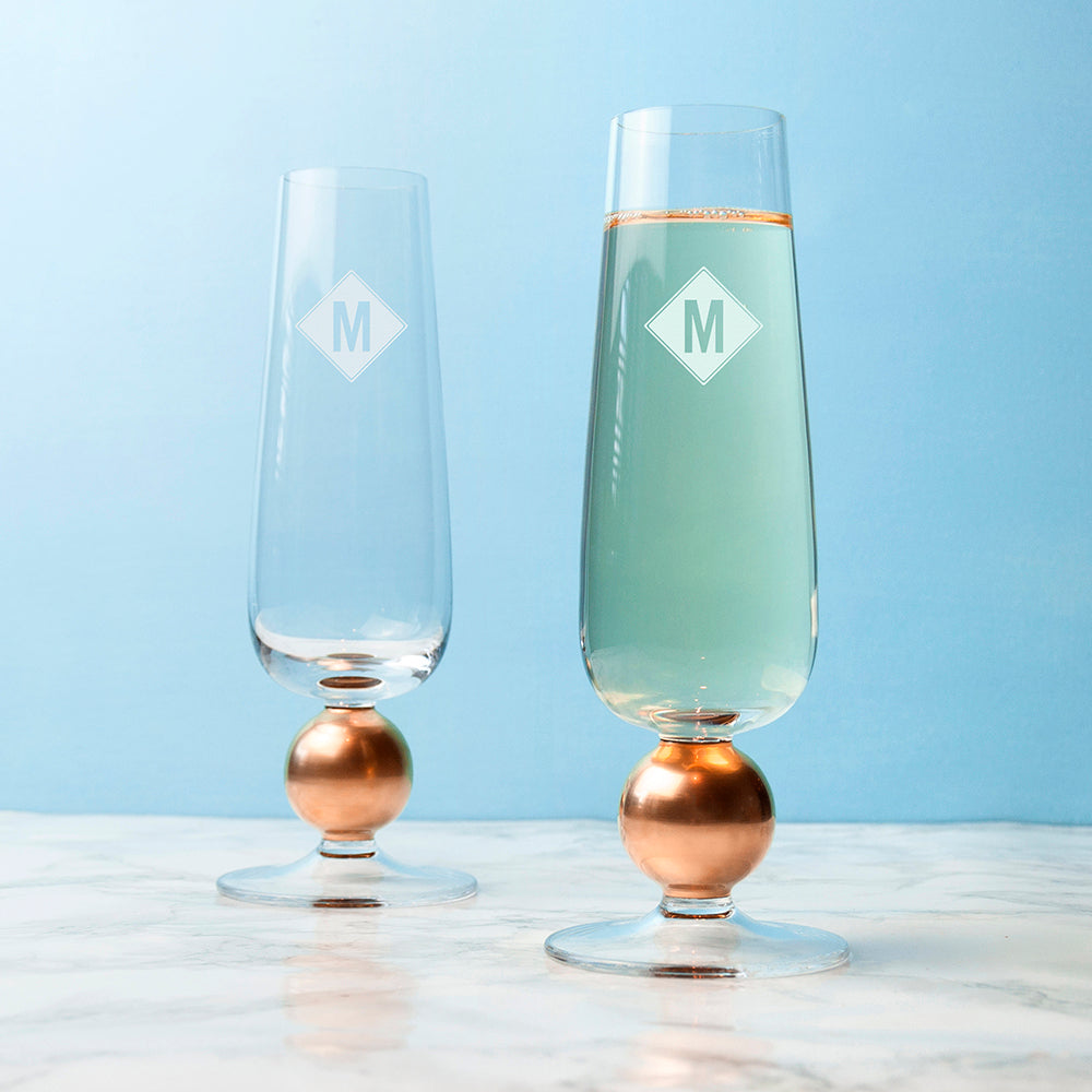Monogrammed LSA Set Of Two Rose Gold Champagne Glasses Qube Luxe